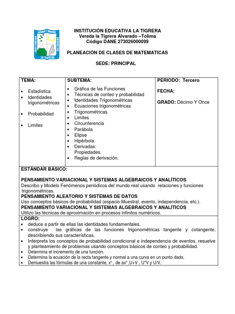 Plan de Clase Matematicas Grado Décimo y Once Cuarto Periodo | Funciones trigonométricas ...