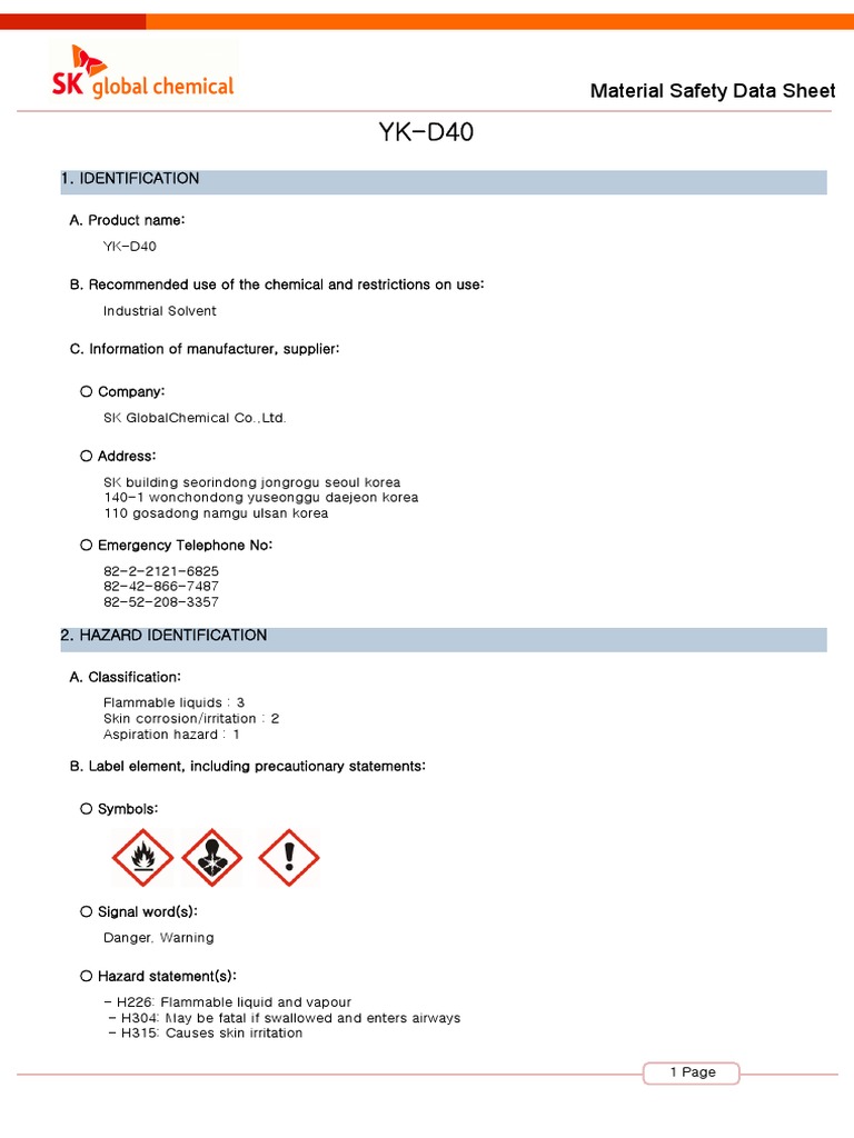 MSDS_D40 (SK) | Toxicity | Fires | Free 30-day Trial | Scribd