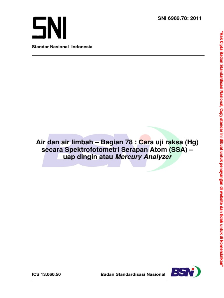 SNI 6989 78 2011 Air Dan Air Limbah Bagian 78 Cara Uji Raksa HG Secara ...