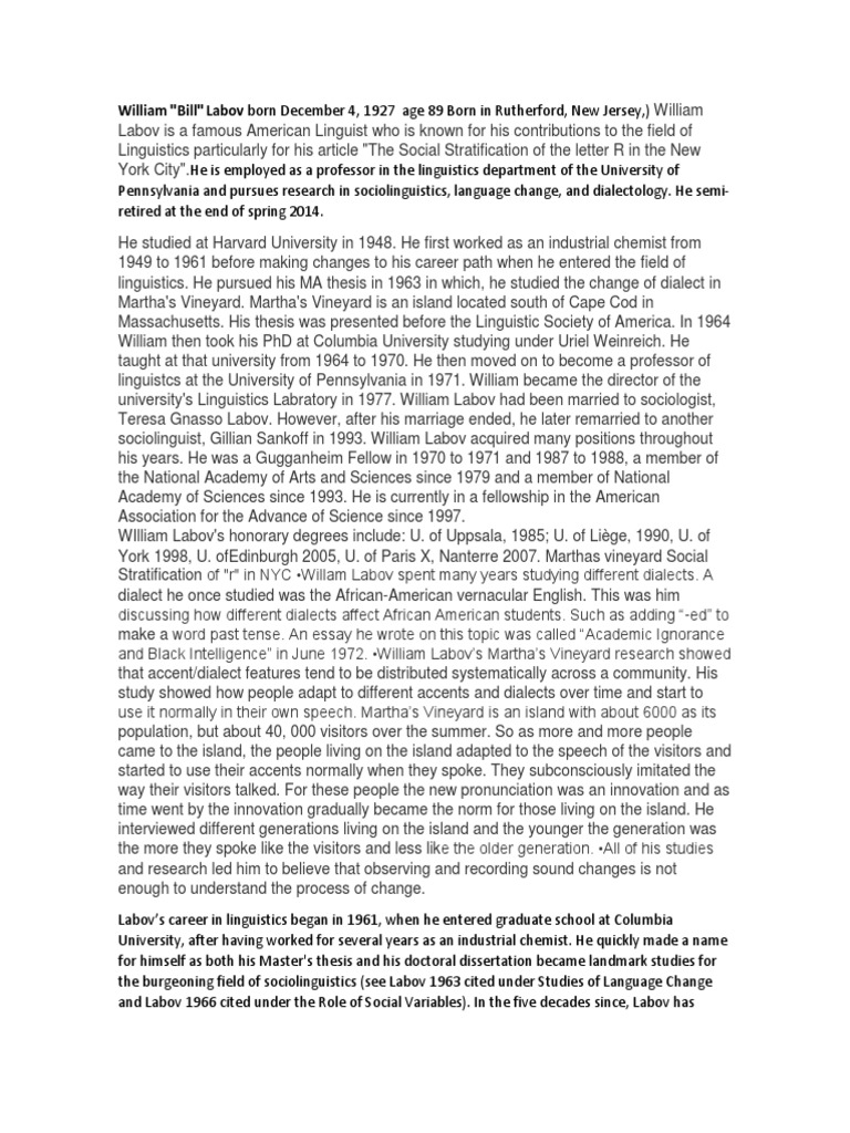 William "Bill" Labov Born December 4, 1927 Age 89 Born in Rutherford ...