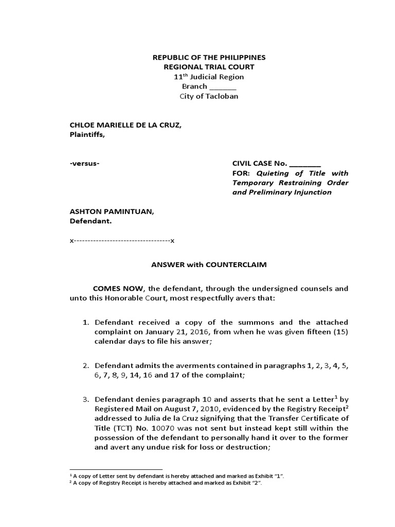 Defendant's Answer and Counterclaim in a Land Dispute Case | PDF ...