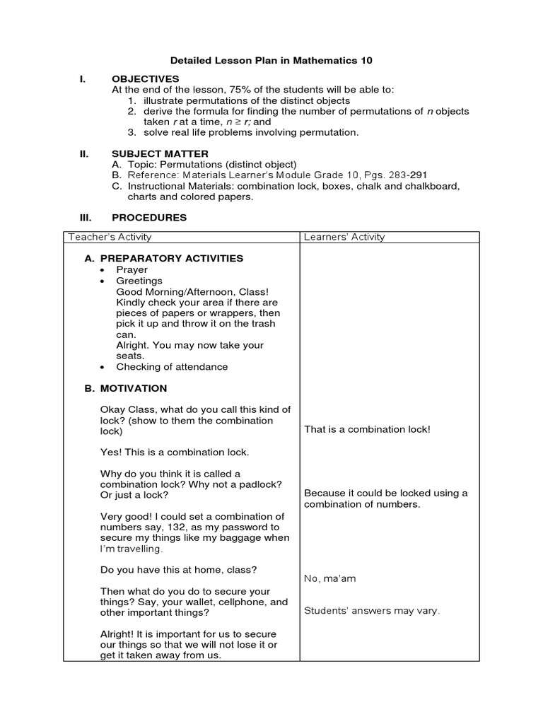 Detailed Lesson Plan in Mathematics 10 I. Objectives: N R and ...