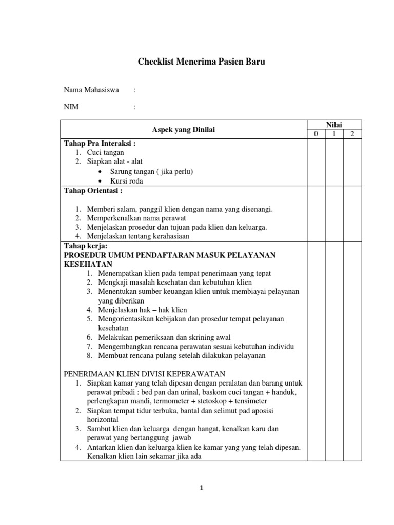 Checklist Penerimaan Pasien Baru | PDF