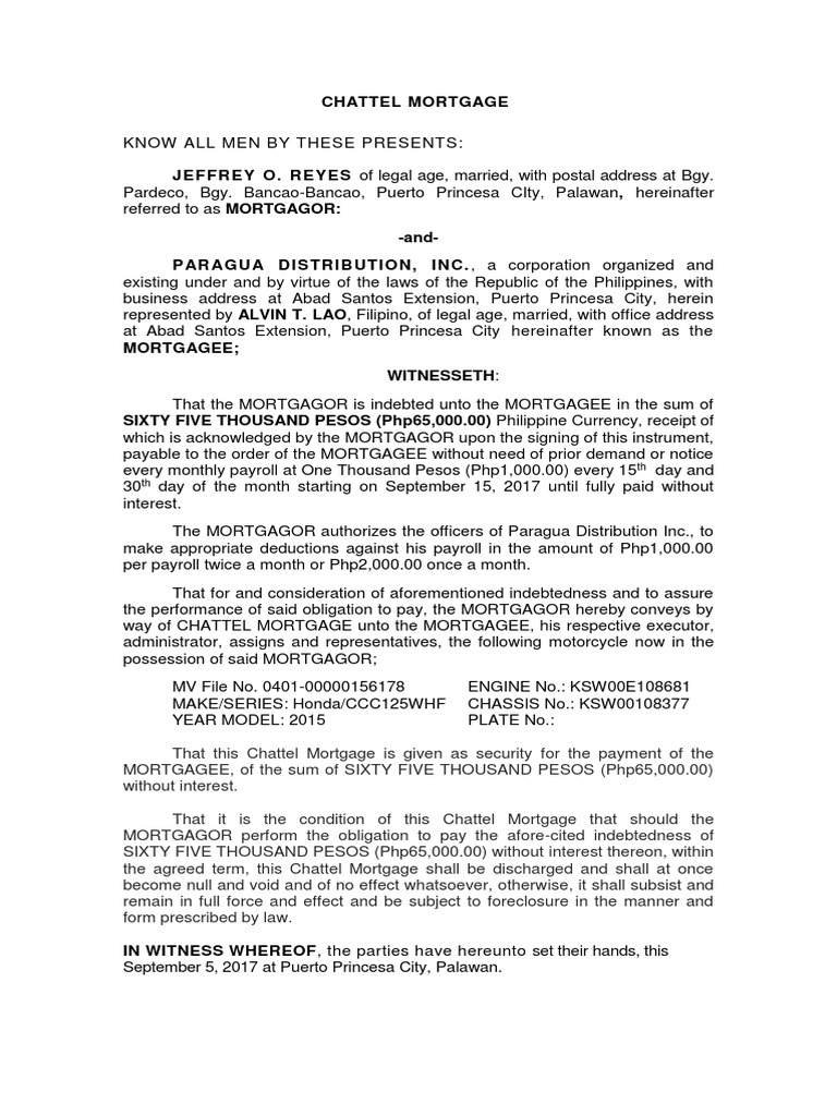 Chattel Mortgage - Sample | Download Free PDF | Mortgage Law | Business Law