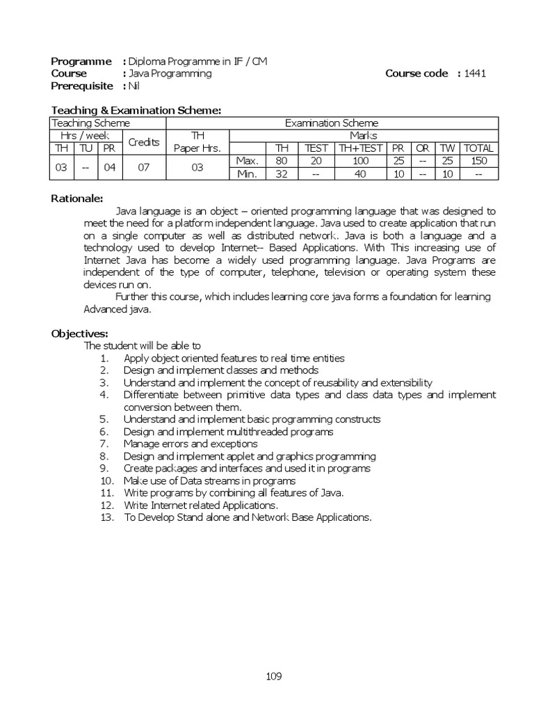Programme: Diploma Programme in IF / CM Course: Java Programming Course Code: 1441 Prerequisite ...
