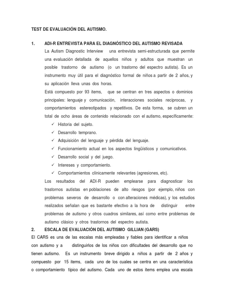 Tests de Evaluación Del Autismo | PDF | Autismo | Psicología clínica