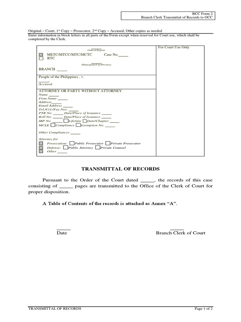 BCC Form 2 Transmittal of Records To OCC | PDF