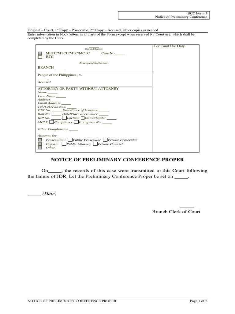 Notice of Preliminary Conference Form | PDF | Fax | Prosecutor
