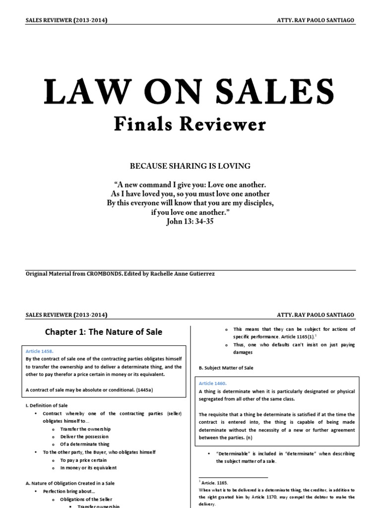 Sales (Villanueva Notes) PDF | PDF | Consideration | Civil Law (Legal ...