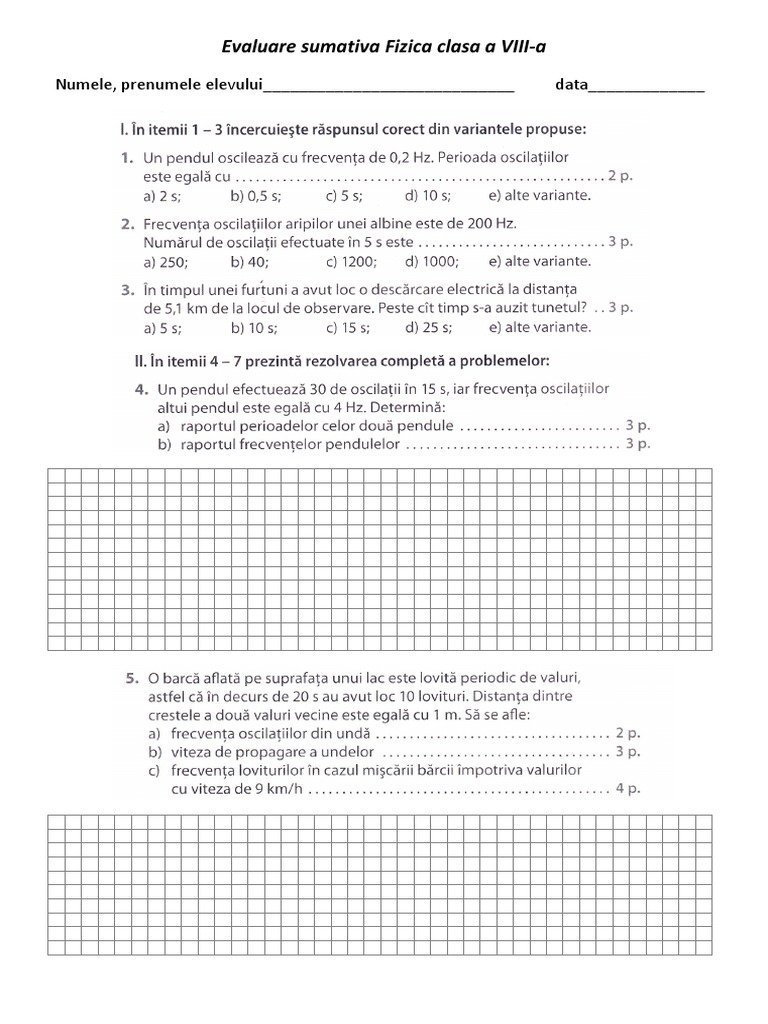 Evaluare Sumativa Fizica Clasa 8 | PDF