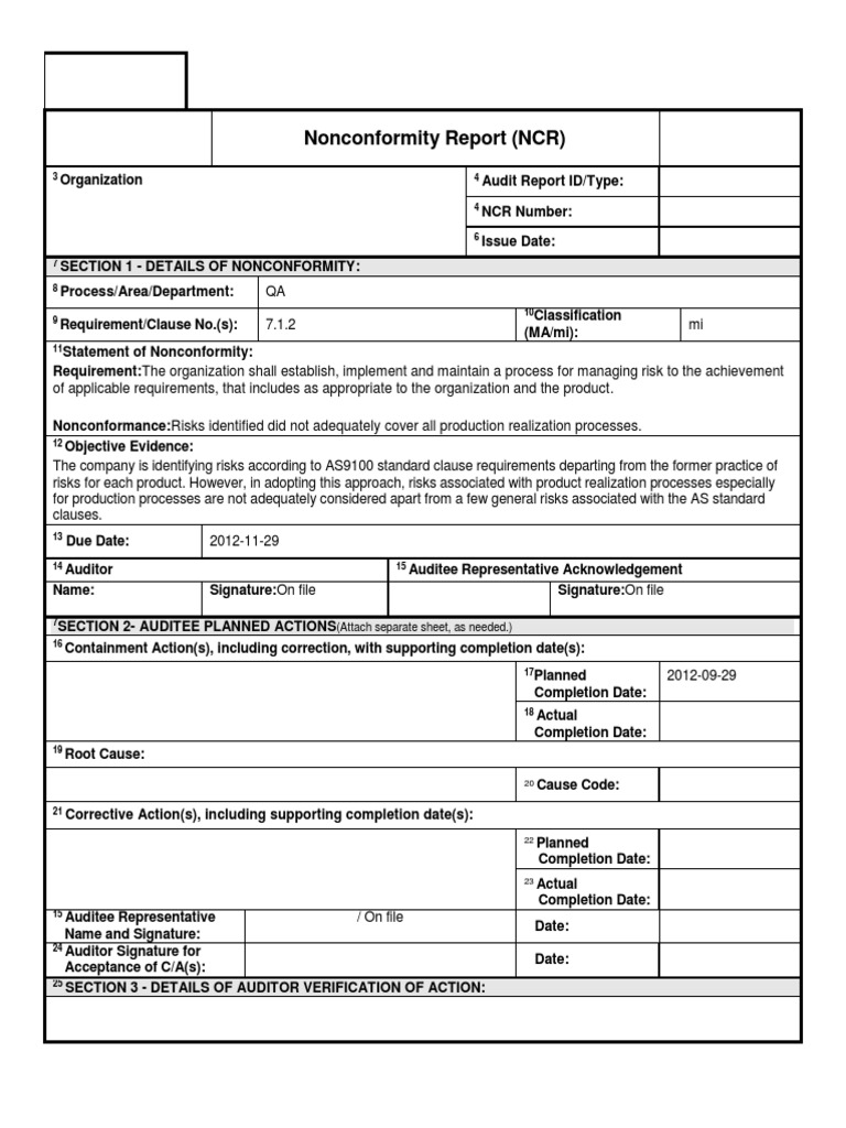Nonconformity Report (NCR) : (Attach Separate Sheet, As Needed.) | PDF ...