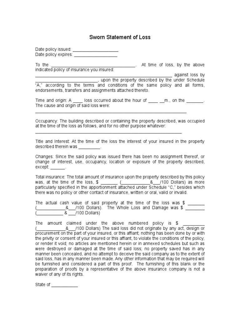 Sworn Statement of Loss Template | PDF | Notary Public | Insurance