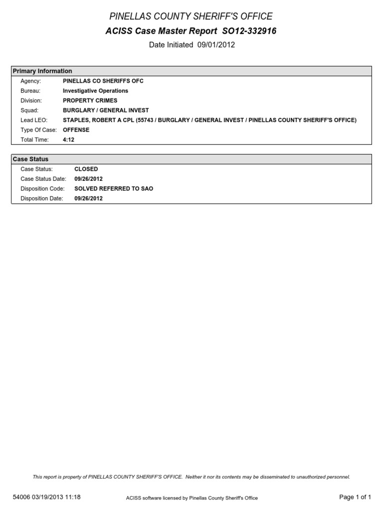 ACISS Case Master Report SO12-332916: Pinellas County Sheriff'S Office ...