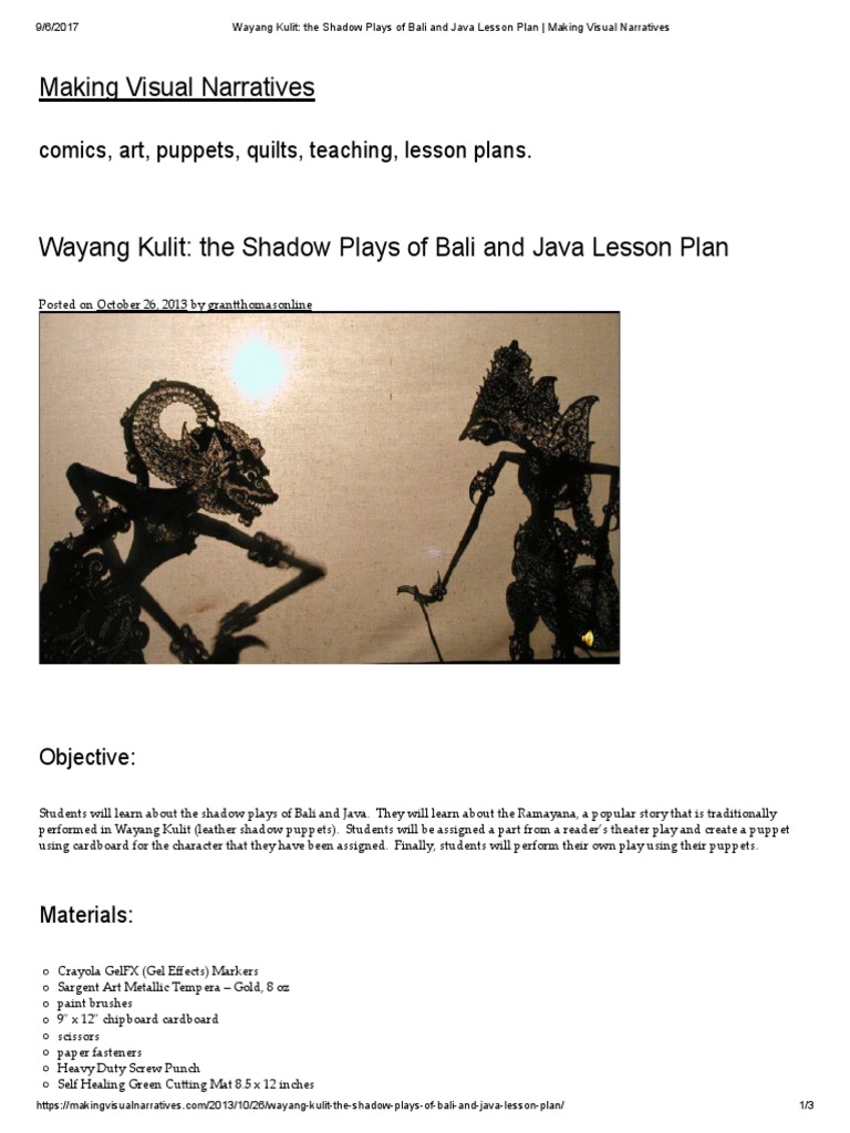 Wayang Kulit - The Shadow Plays of Bali and Java Lesson Plan - Making ...