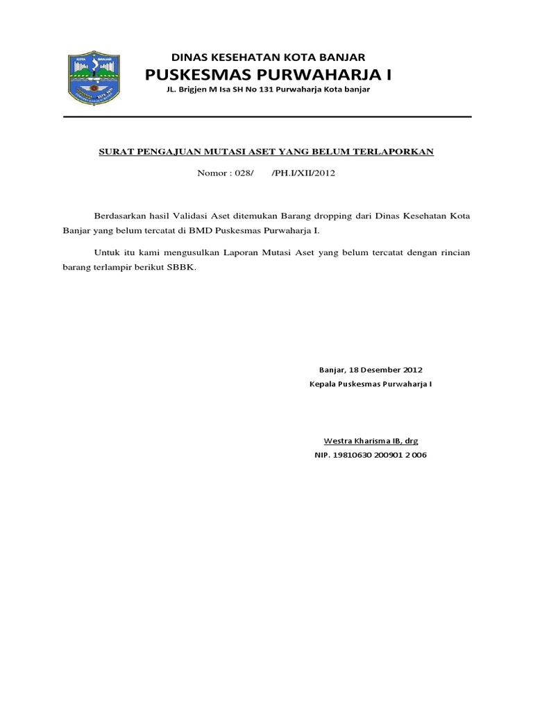 Mutasi Aset Puskesmas Banjar | PDF