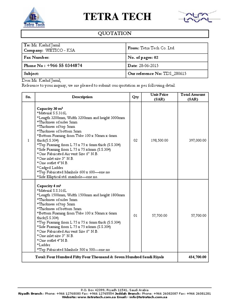 Wetico Quotation for Steel Tanks | PDF | Nature