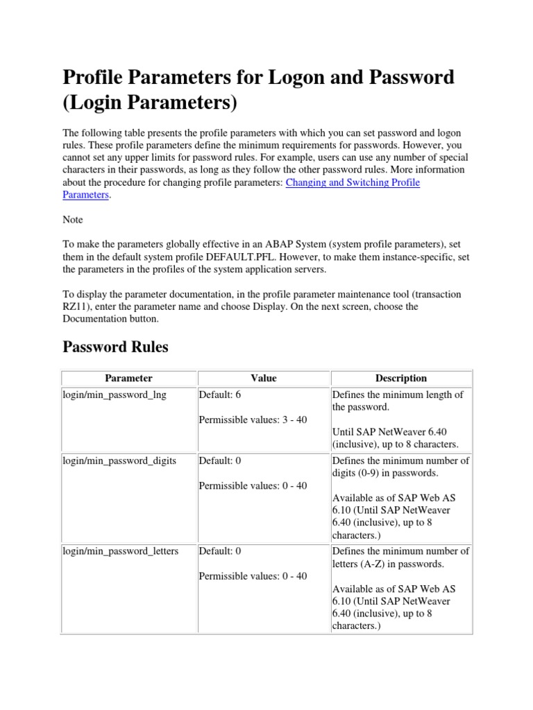 Profile Parameters For Logon and Password | PDF | Login | Password