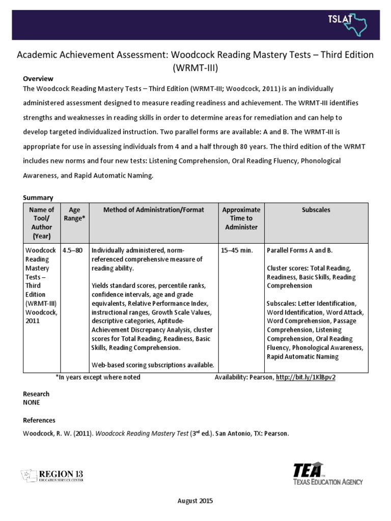 Academic Achievement Assessment: Woodcock Reading Mastery Tests - Third ...