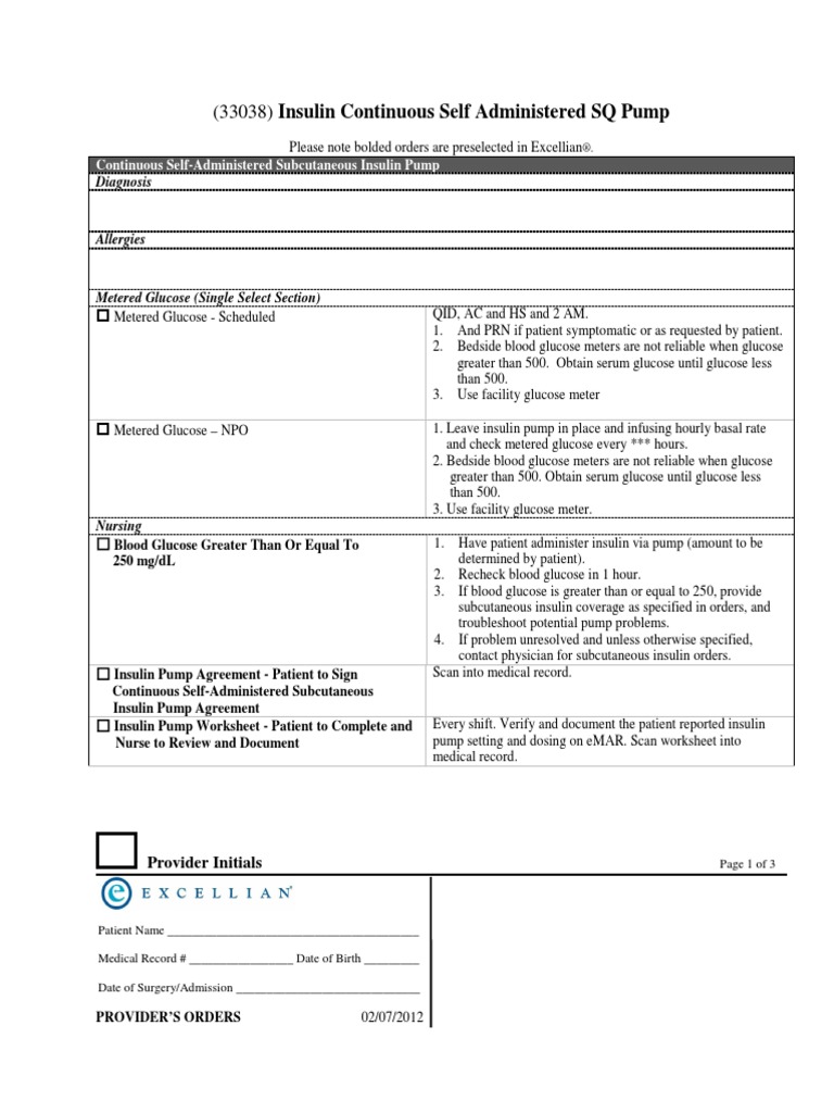 Insulin Pump Order Set | PDF | Insulin | Medical Specialties