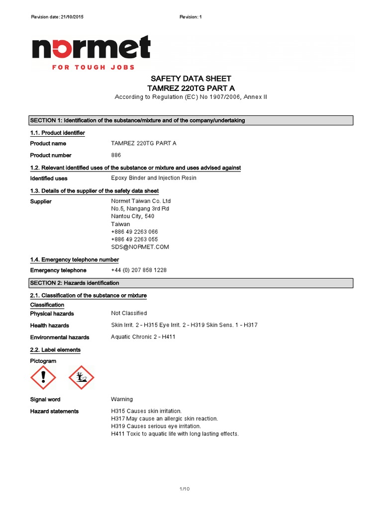 TAMREZ 220TG Part A Safety Data Sheet | PDF | Toxicity | Dangerous Goods