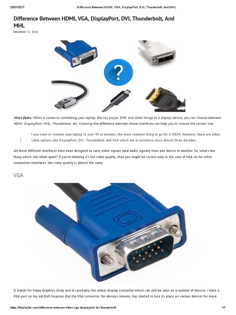 Difference Between HDMI, VGA, DisplayPort, DVI, Thunderbolt, and MHL ...