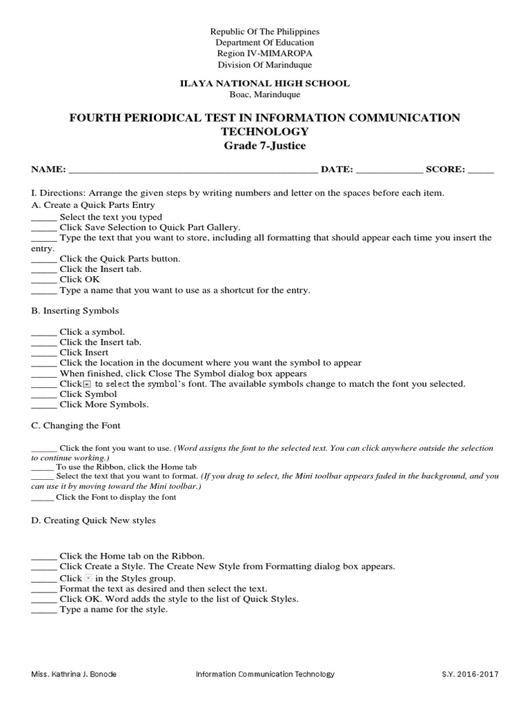 Fourth Periodical Test in Information Communication Technology Grade 7 ...