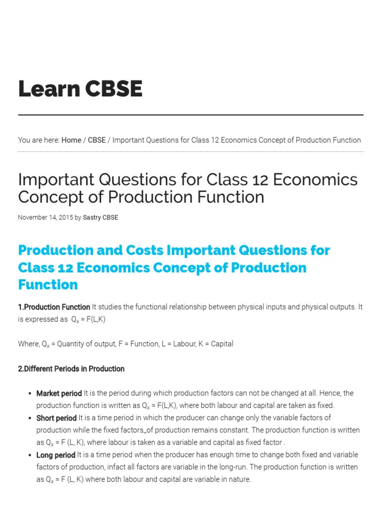 Important Questions For Class 12 Economics Concept of Production ...