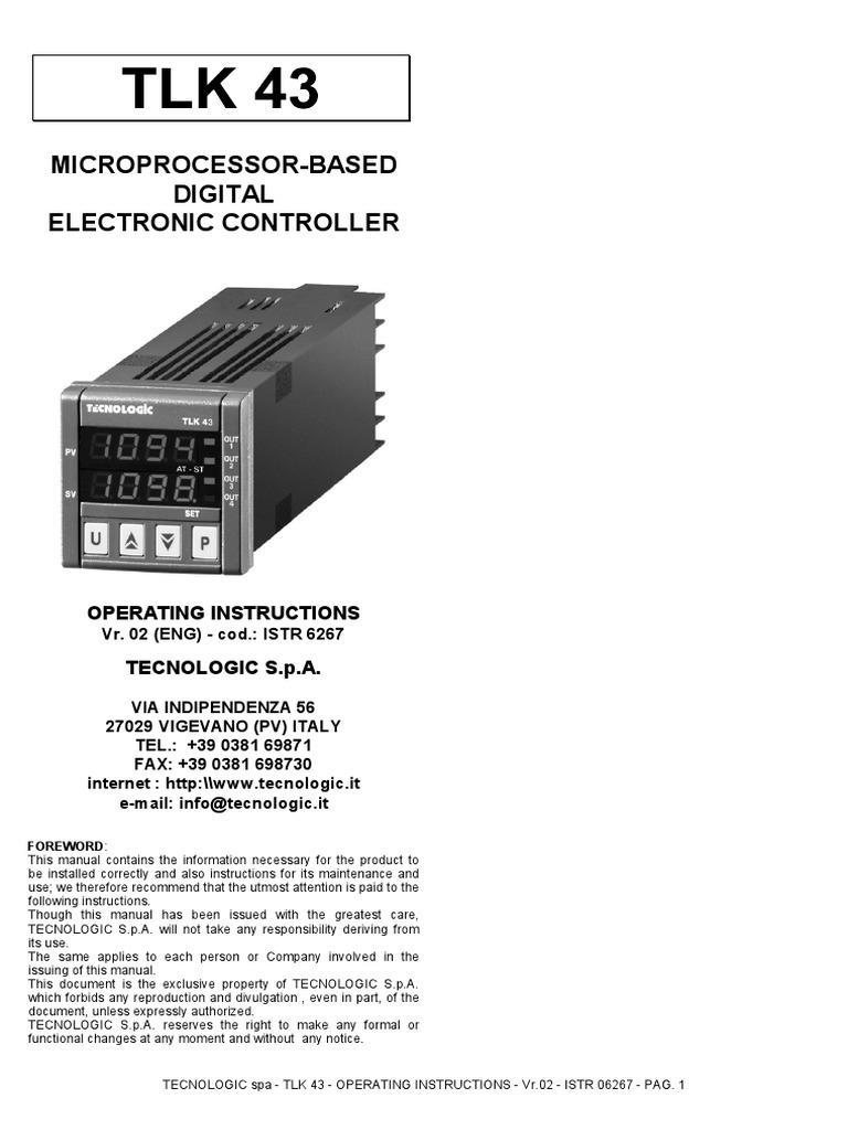 Microprocessor-Based Digital Electronic Controller: Operating Instructions Tecnologic S.P.A ...