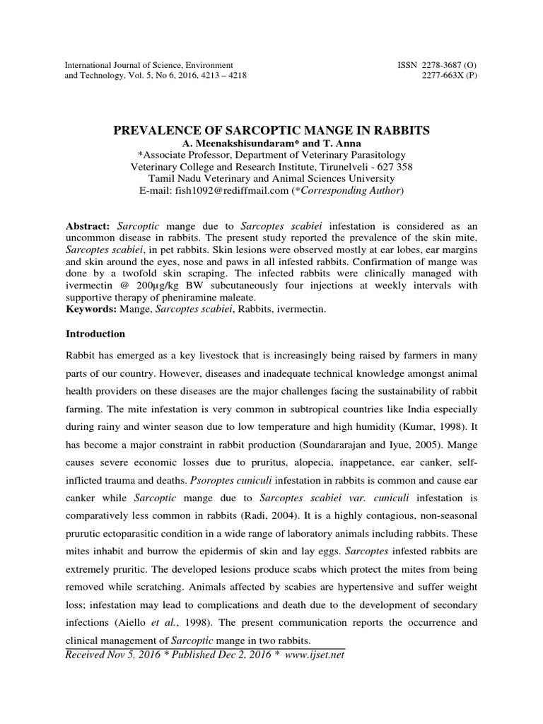 Prevalence of Sarcoptic Mange in Rabbits: A. Meenakshisundaram and T ...