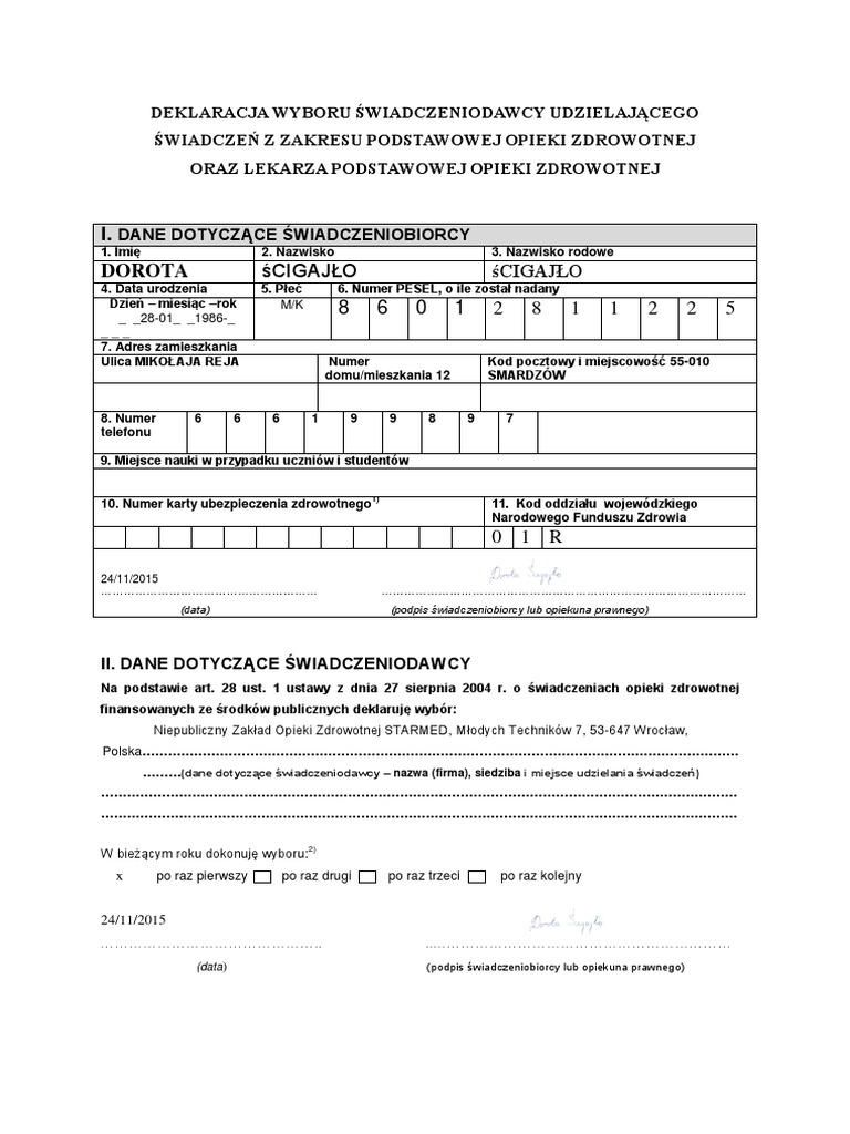 Deklaracja Wyboru Świadczeniodawcy Udzielającego Świadczeń Z Zakresu Podstawowej Opieki ...