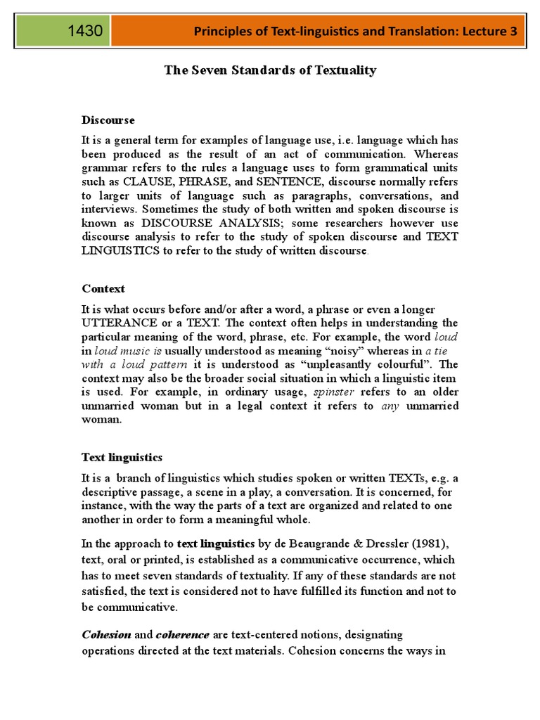 The Seven Standards of Textuality Lecture 3 | PDF | Linguistics | Phrase