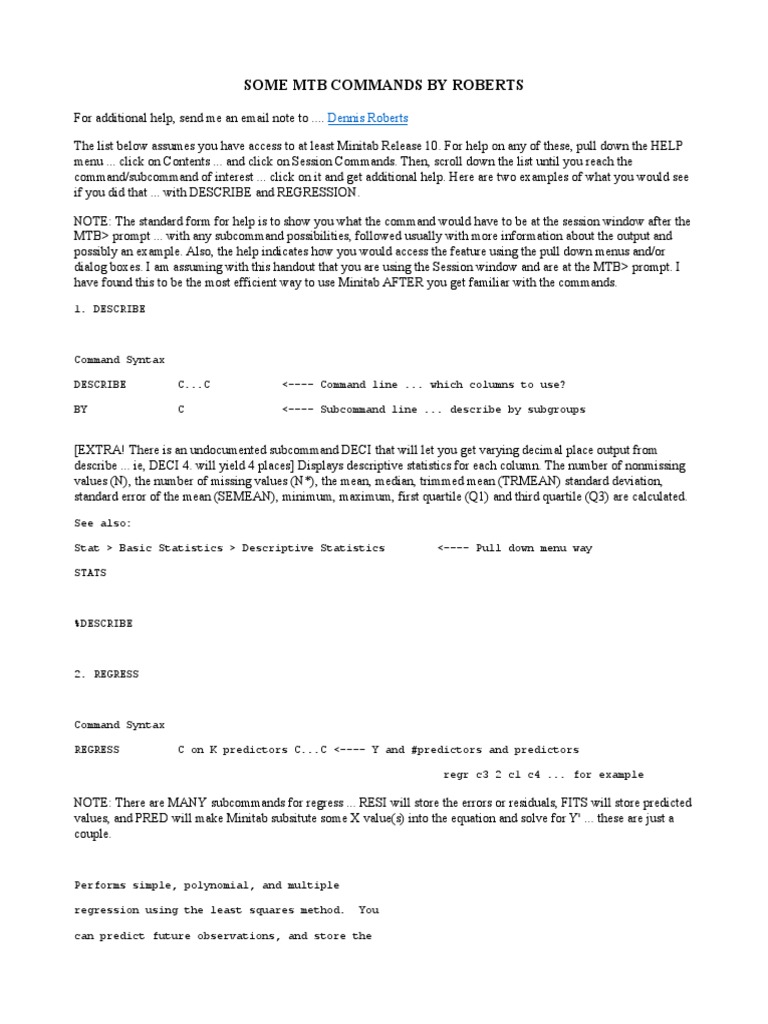 Text List Of Minitab Commands Pdf Regression Analysis Errors And Residuals 