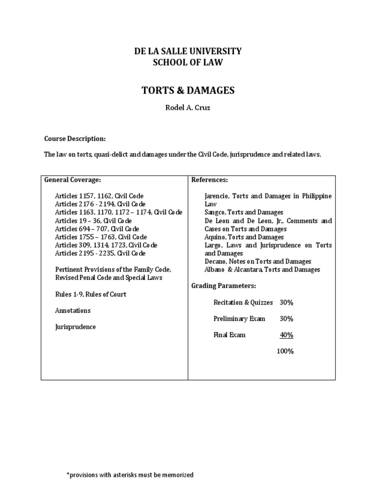 Torts & Damages (Course Outline) Part 1 | PDF | Damages | Tort