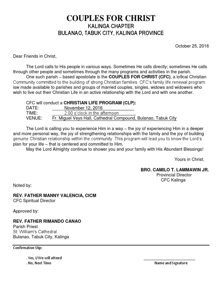 Invitation to the Christian Life Program hosted by Couples for Christ ...