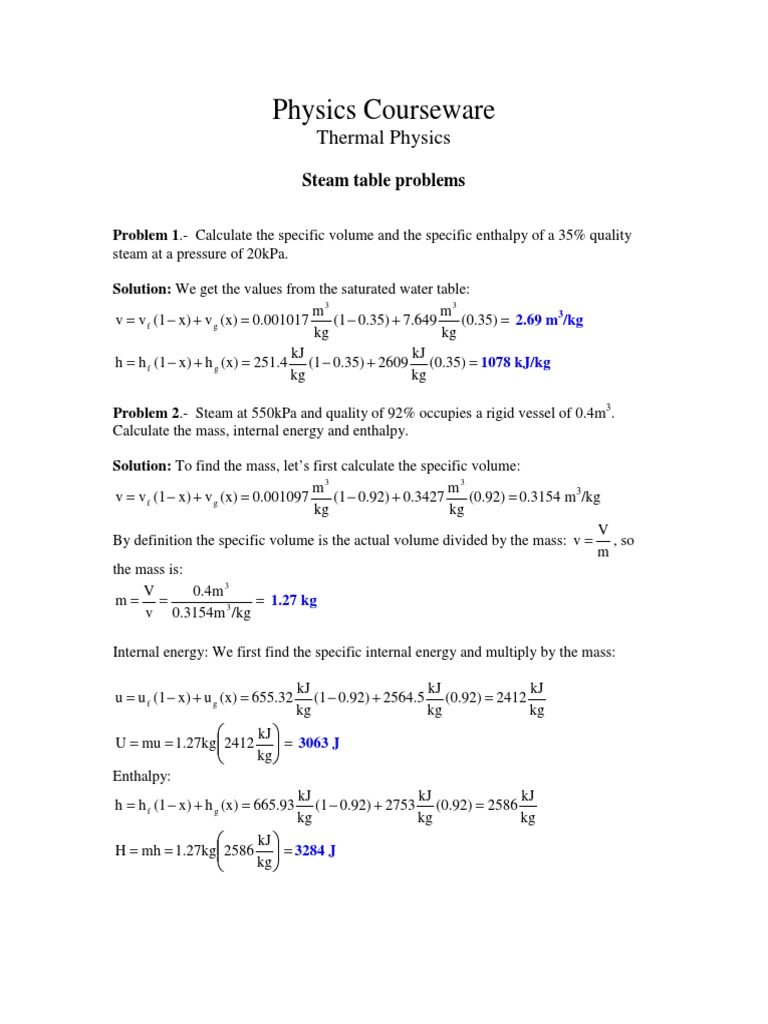 Steam Table Problems Pdf Pdf Enthalpy Evaporation