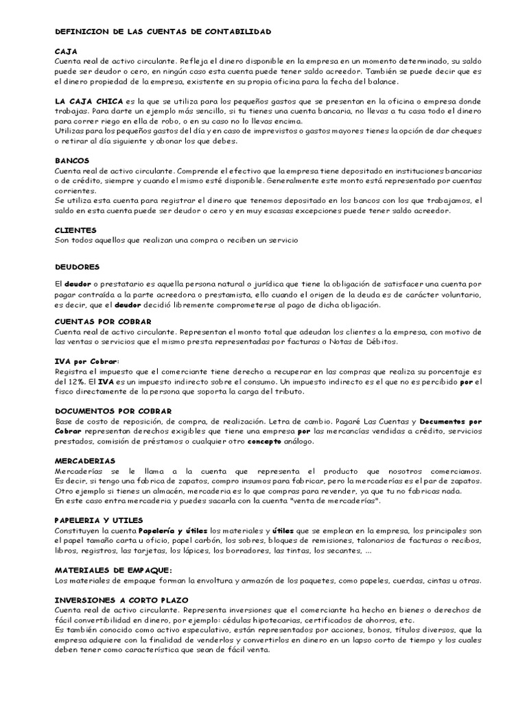 Definicion Cuentas Contabilidad | PDF | Contabilidad | Bancos