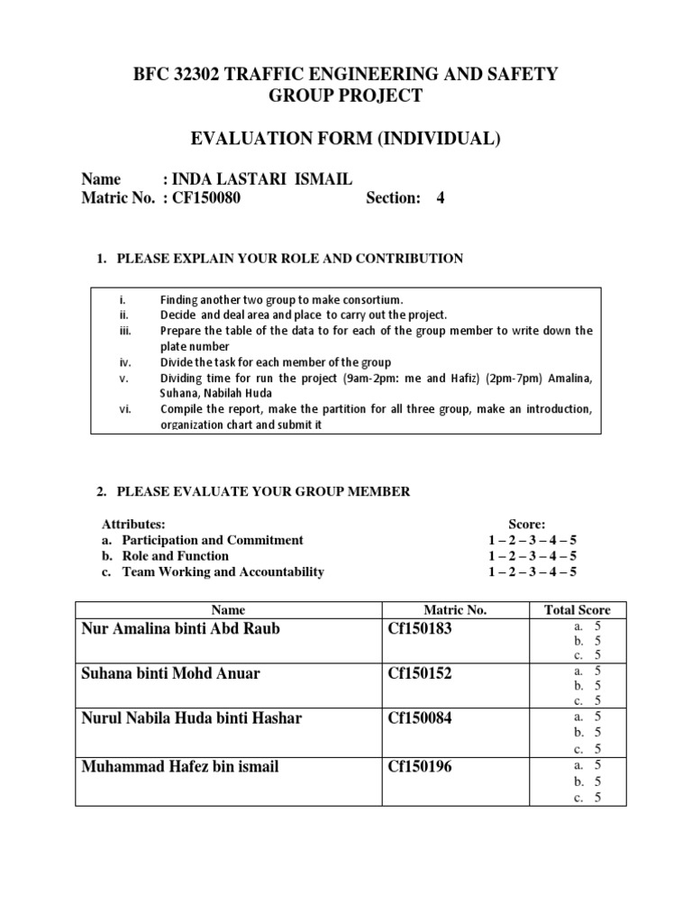 BFC 32302 Traffic Engineering and Safety Group Project Evaluation Form ...