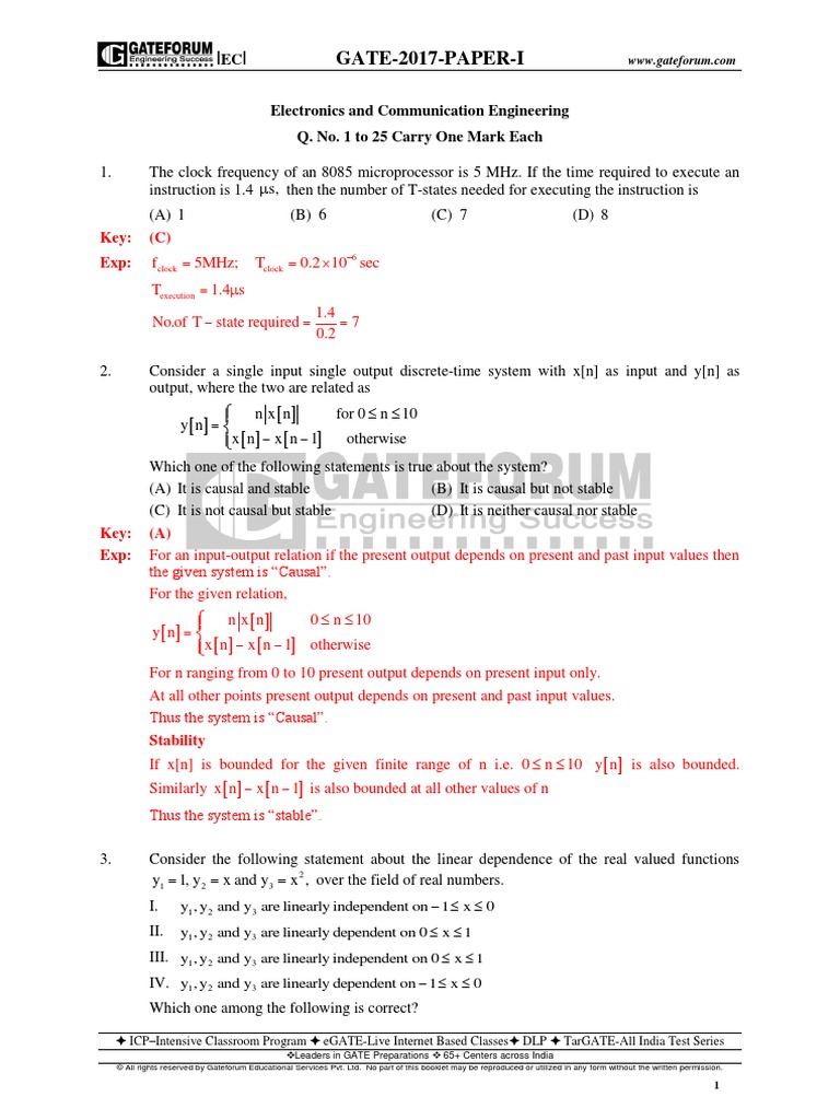 EC GATE 2017 Set I Key Solution | PDF | Bipolar Junction Transistor ...
