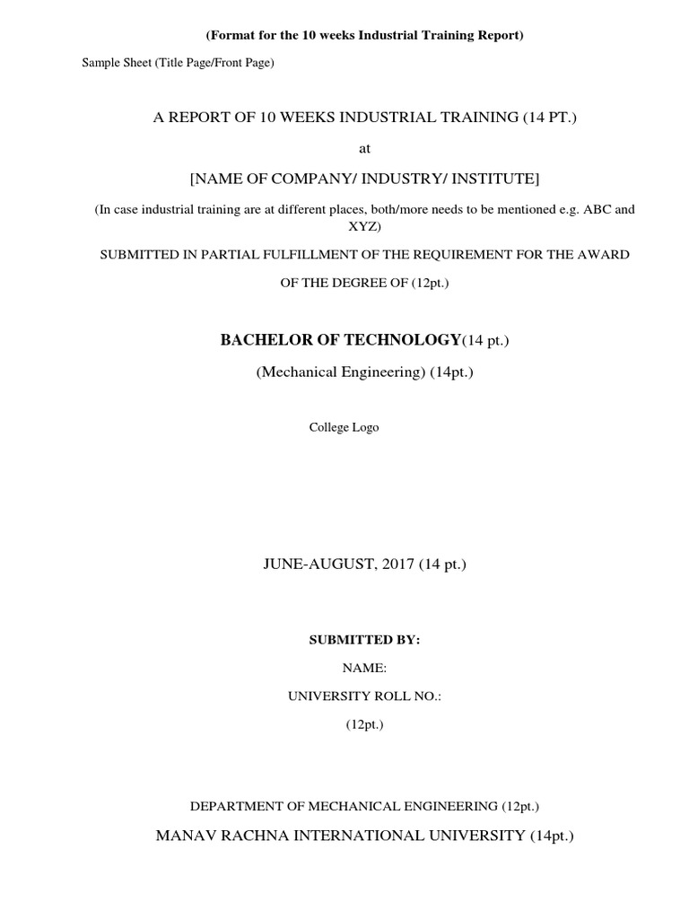 B.Tech Industrial Training Report Guide | PDF | Times New Roman | Thesis