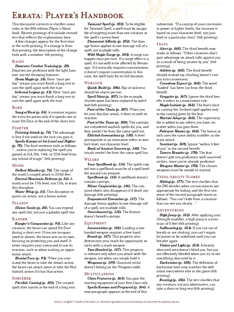 DND 5E Player Handbook Errata v1.22 | PDF | Role Playing Games ...