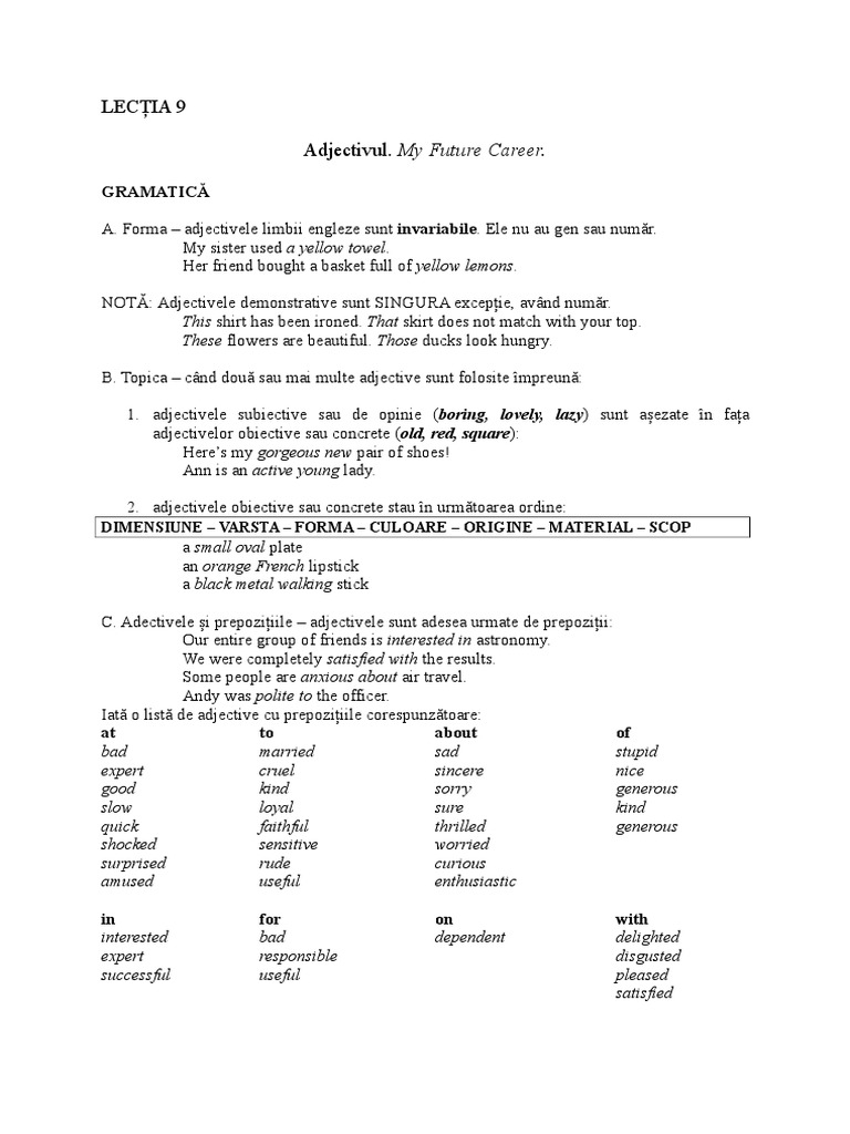 LECTIA 09 - Adjectivul. My Future Career | PDF | Noun | Grammar