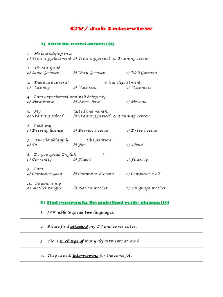 CV Job Interview Vocabulary Exercises | PDF | Driver's License | Internship