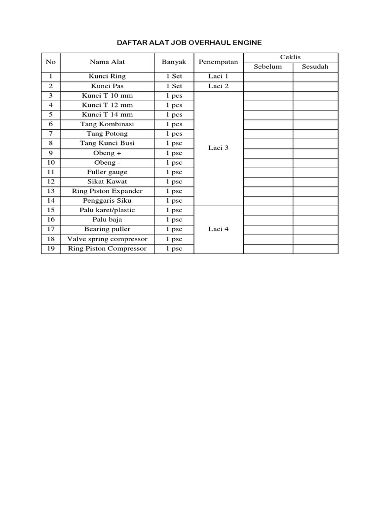 Daftar Alat Job Overhaul Engine | PDF