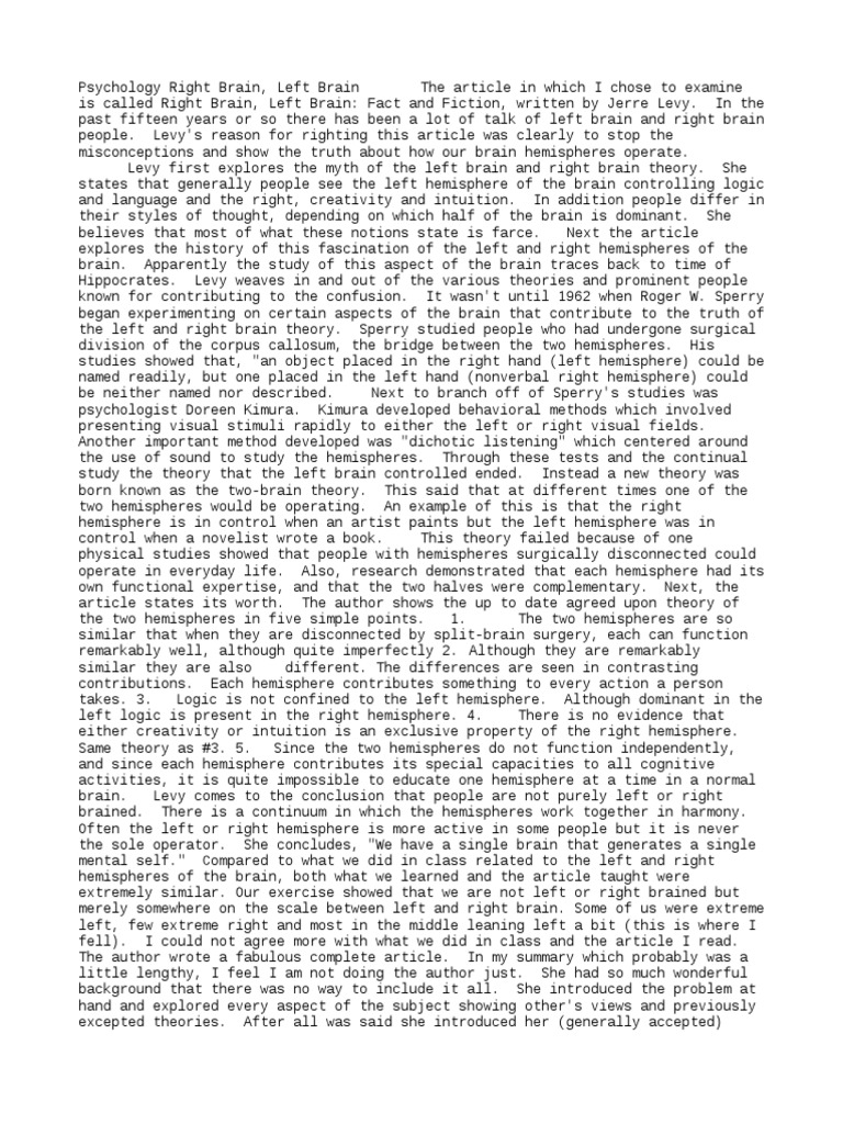 Right Brain, Left Brain | PDF | Lateralization Of Brain Function ...