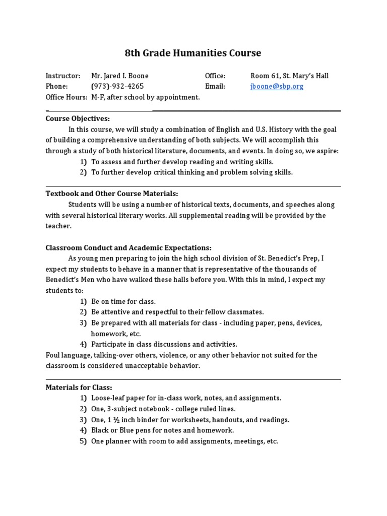8th Grade Humanities Course Syllabus | PDF | Teaching | Pedagogy