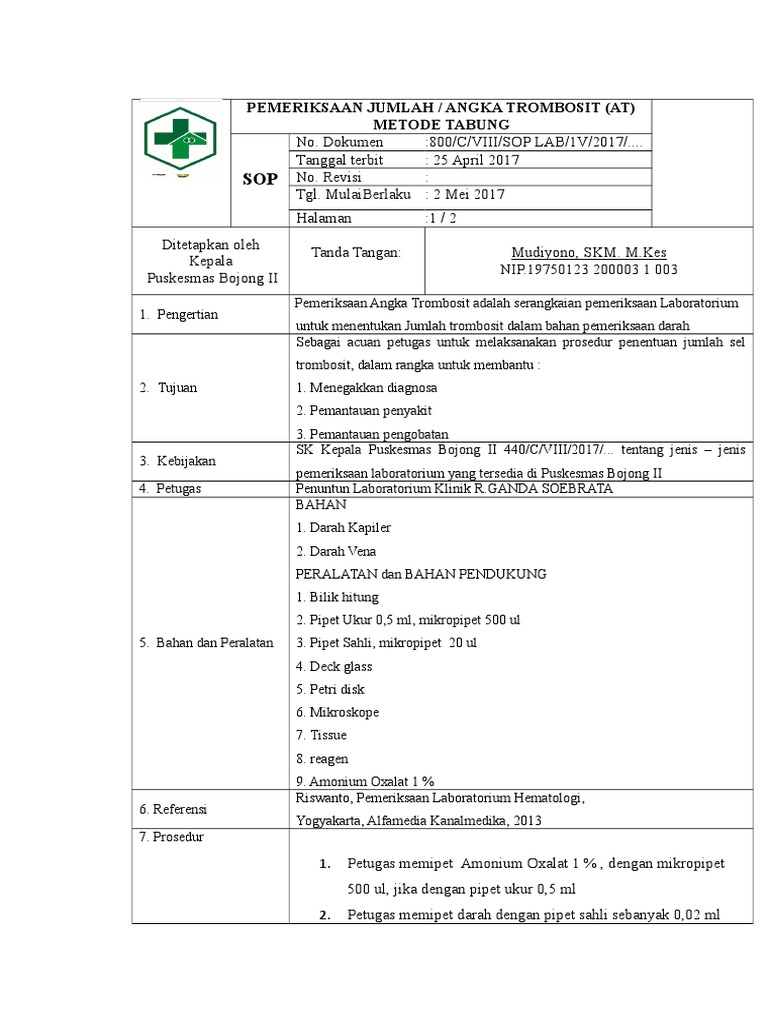 Pemeriksaan Jumlah Angka Trombosit Metode Tabung | PDF | Sains & Matematika