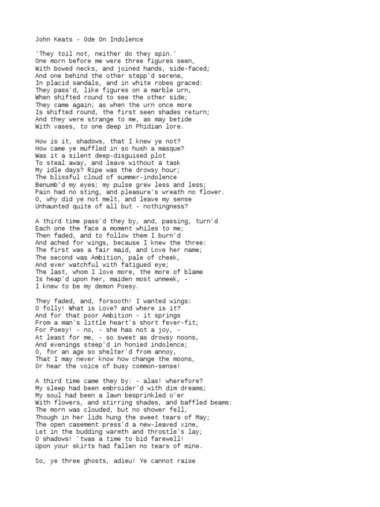 John Keats Ode on Indolence | English Language Literature | British Poetry