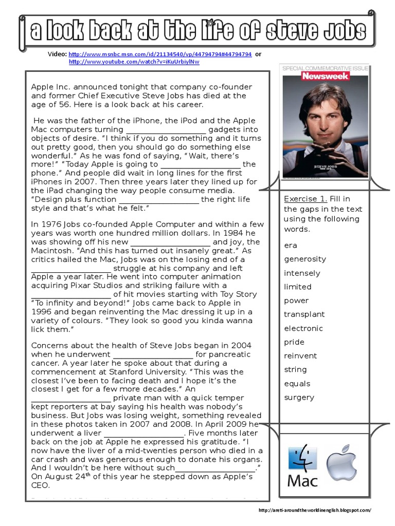 A Look Back at The Life of Steve Jobs Reading Comprehension Exercises ...
