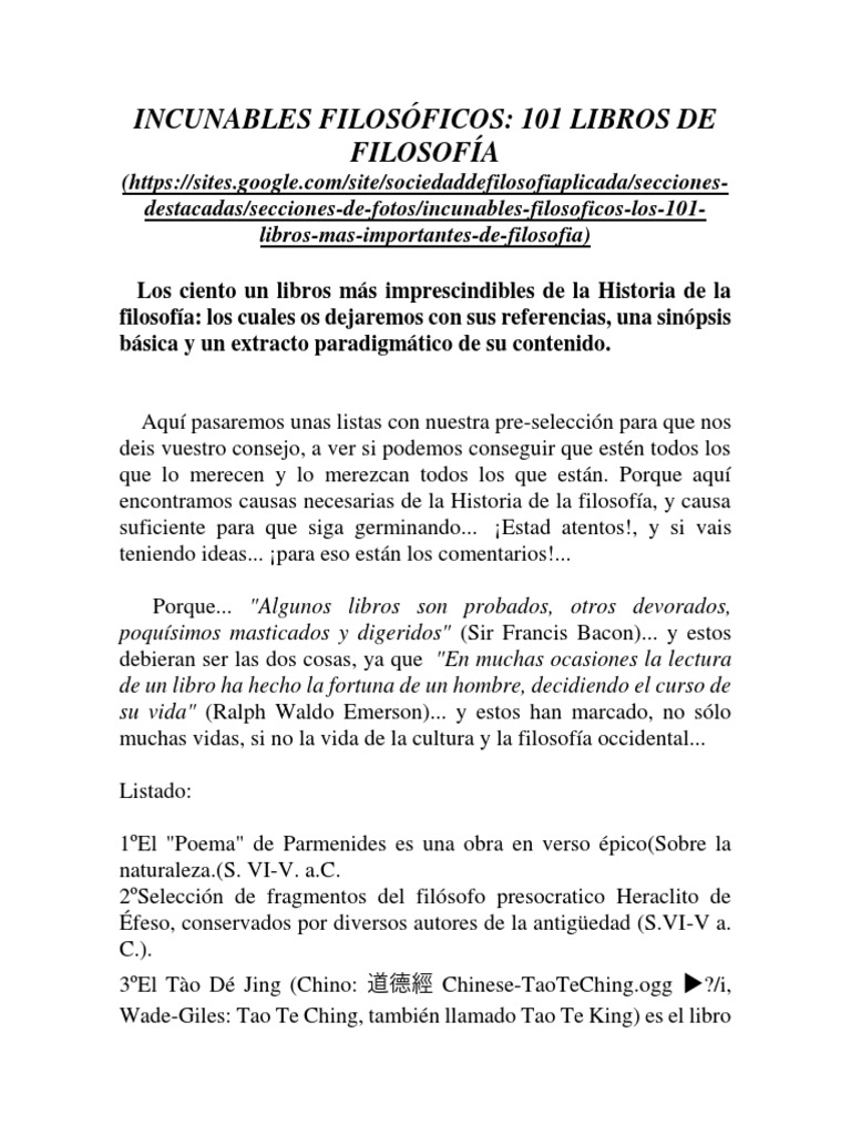 101 Libros Mas Importantes en Filosofia Incunables Filosóficos | PDF ...