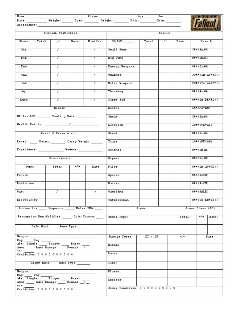 Fallout PNP 2.0 Edited Character Sheets | Ammunition | Nature